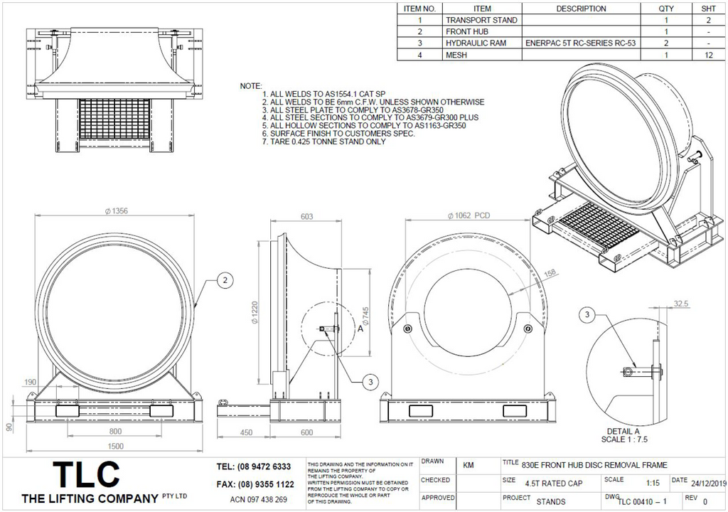 4.5t 830e front hub removal frame