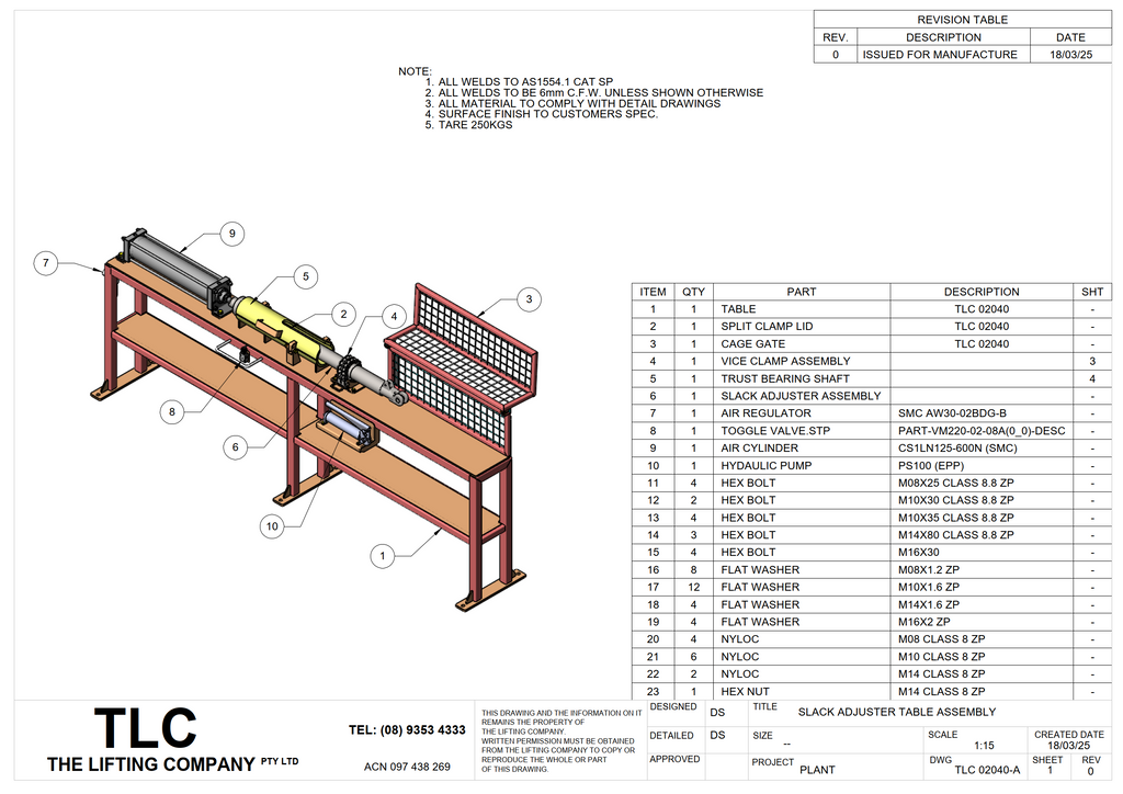 Slack adjuster table